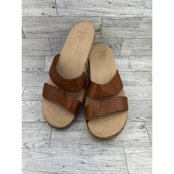 CROCS | Shoes | Crocs Womens W8 Brown Leather Double Strap Cork Wedge ...